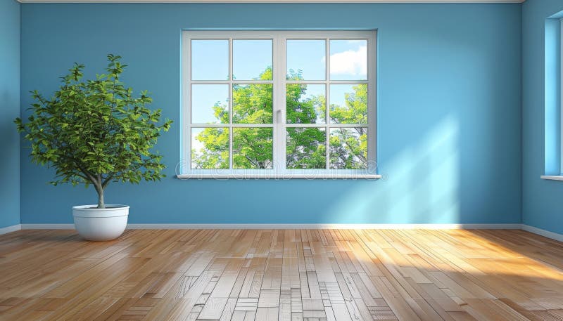 Contemporary Room Featuring Stylish Azure Wall and Expansive Window for ...