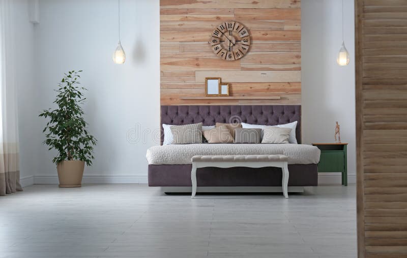 Contemporary Room Interior with Comfortable Bed Stock Image - Image of ...