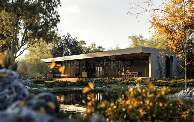 Contemporary Ruby One-Story Dwelling -Generative Ai Stock Photo - Image ...