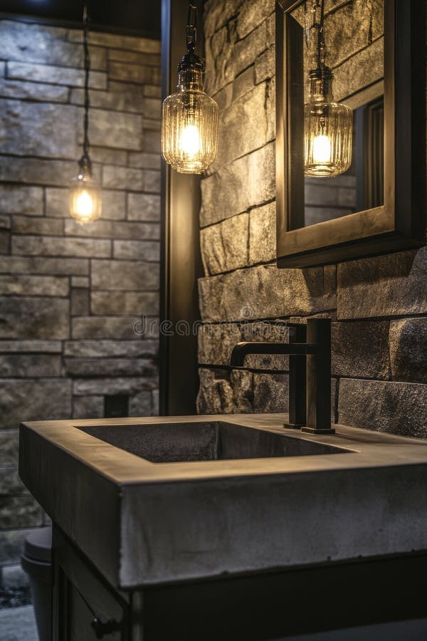 Contemporary Rustic Bathroom Vanity Featuring Stone and Wood Details Stock Photo - Image of ...