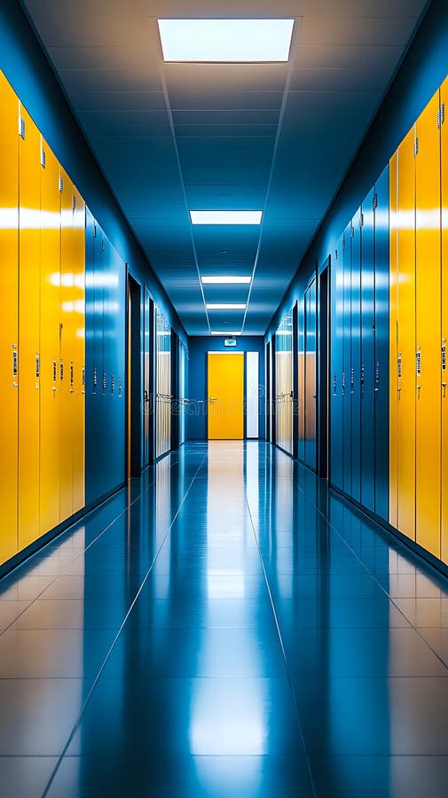 Contemporary School Hallway with Vibrant Blue and Yellow Lockers Stock ...