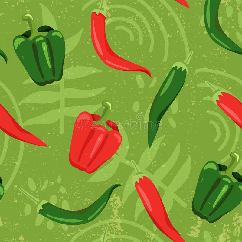 Contemporary Seamless Pattern with Pepper, Leaves and Abstract Elements ...