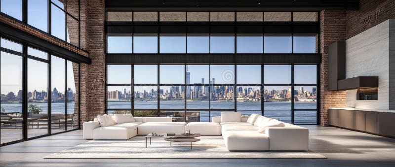 Contemporary Sectional Couch in a Loft with a Cityscape View Stock ...