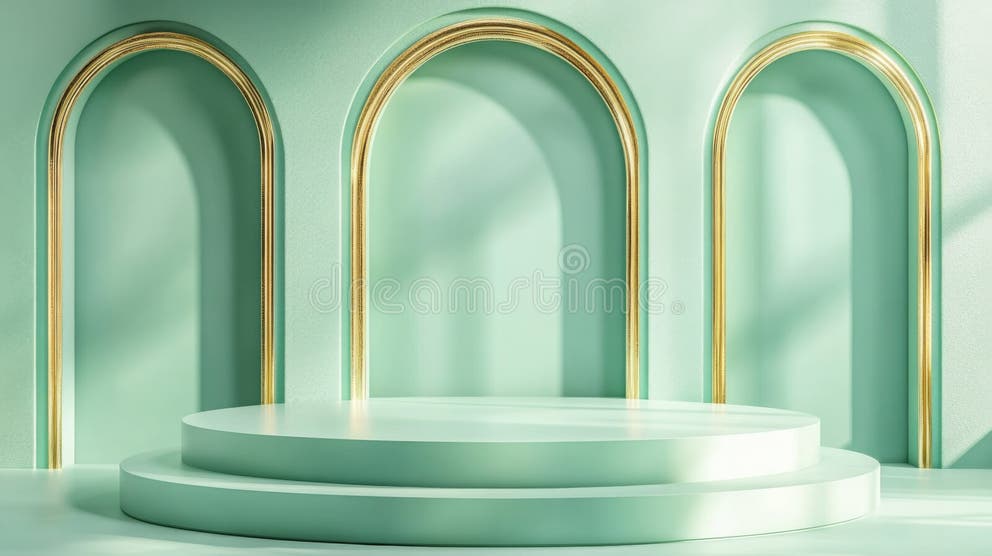 Modern Minimalist Display with Green Arches and Elevated Platform in a ...