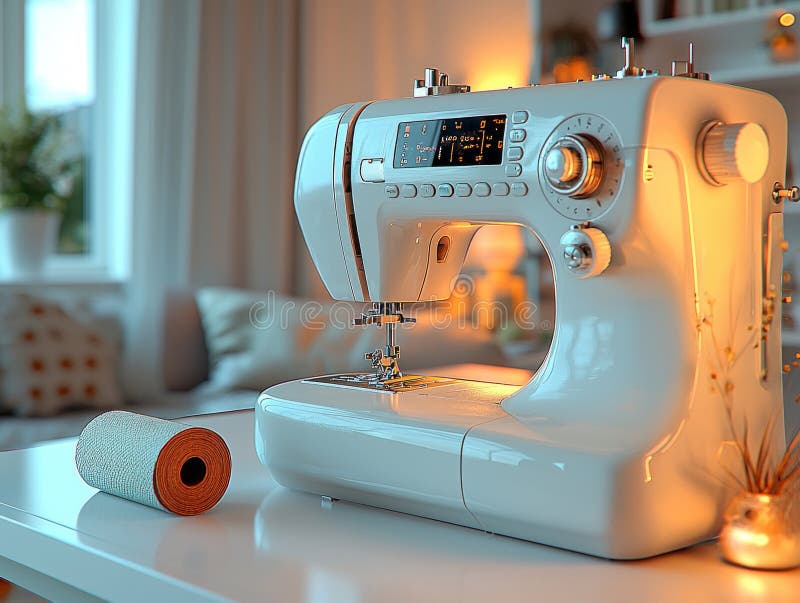 Contemporary Sewing Machine Rests on Pristine White Table Ready for Use ...