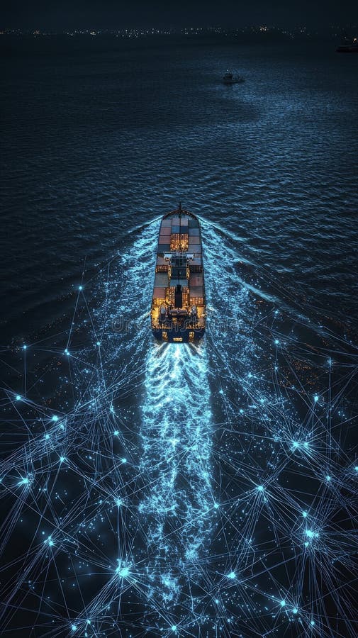 Contemporary Ship with Digital Connections at Night Stock Illustration ...