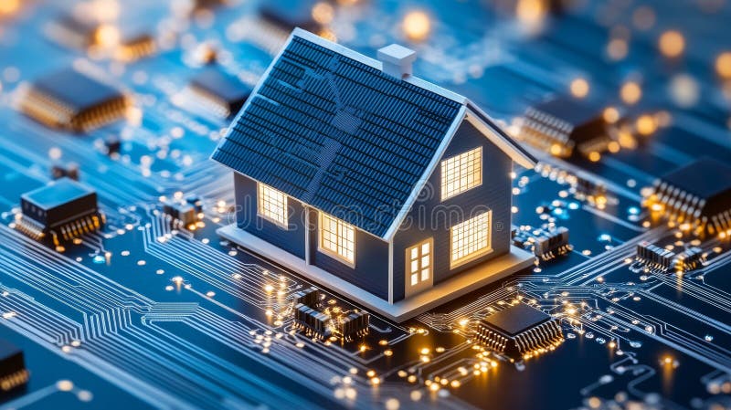 A Contemporary Smart Home Linked with Devices at Night. Stock Stock ...