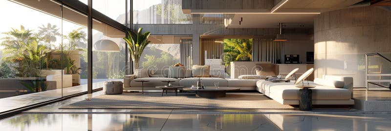 A Contemporary Smart Home Living Room with Large Windows, a Comfortable ...