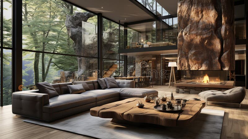 Contemporary Spacious Living Room with High Ceilings with Gray Sofa ...