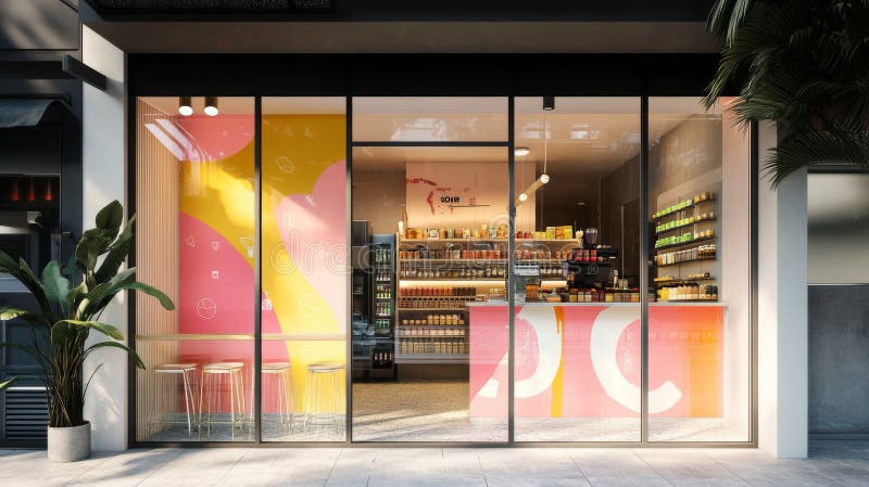 A Contemporary Store Front with Pink and Yellow Abstract Art Stock ...