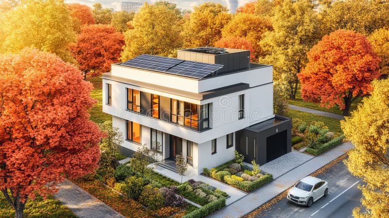 A Contemporary Structure Incorporating Solar Panels Set Amidst a Lush ...