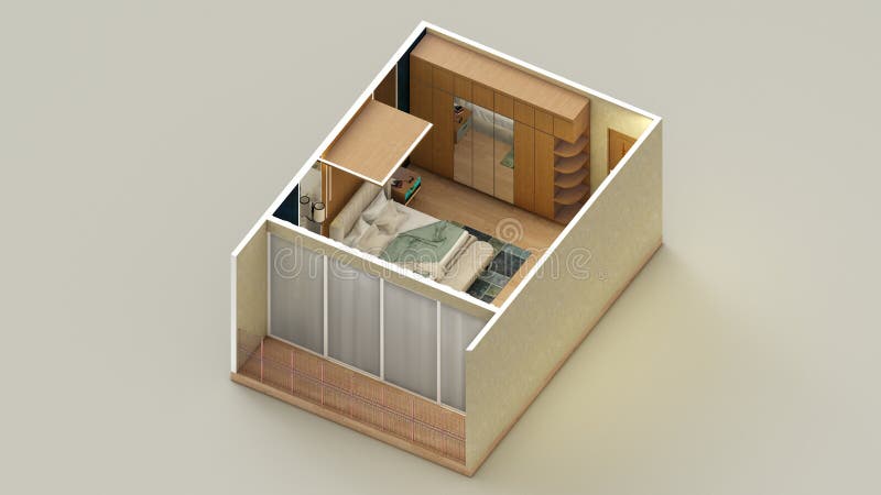 Contemporary Style Bedroom with Closet Orthographic View Stock ...