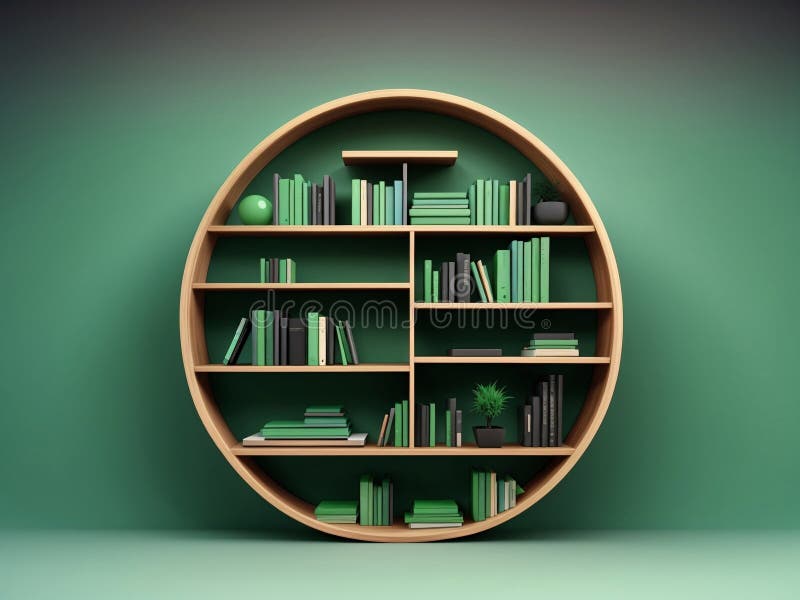 A Rounded Wooden Bookshelf with Books Isolated on Gradient Background ...
