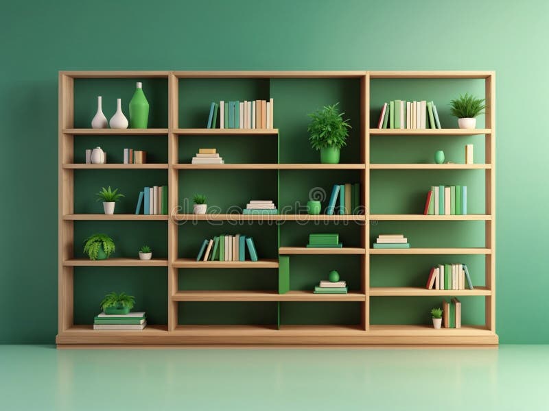 Beautiful Large Wooden Bookshelf Isolated on Gradient Green Background ...