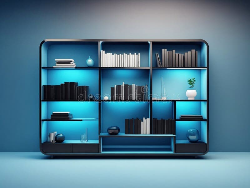 Blue and White Color Small Bookshelf Isolated on Glowing Blue Gradient ...