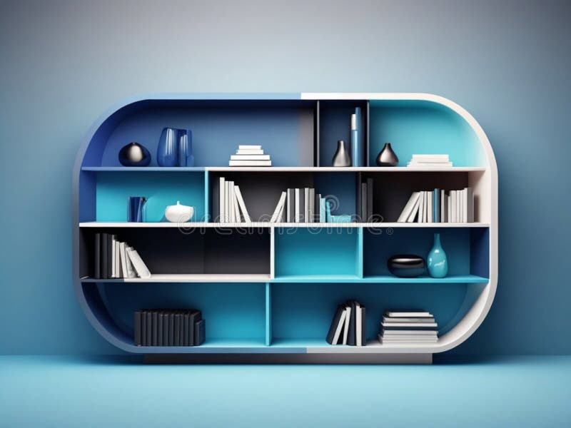 Blue and White Color Small Bookshelf Isolated on Glowing Blue Gradient ...