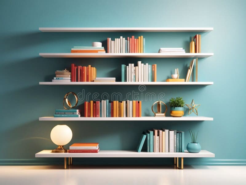 A Modern Bookshelf with Books Isolated on Cyan Gradient Background ...
