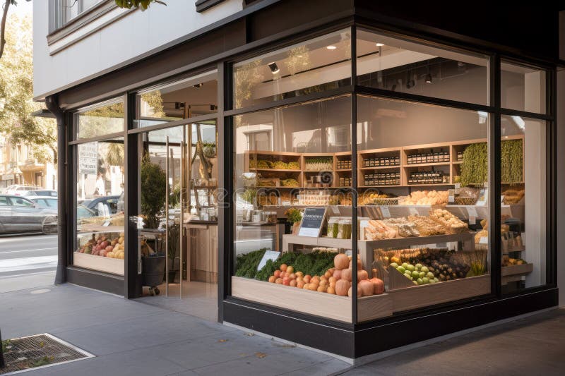 Contemporary Style Grocery Store Window - Generative AI Stock ...