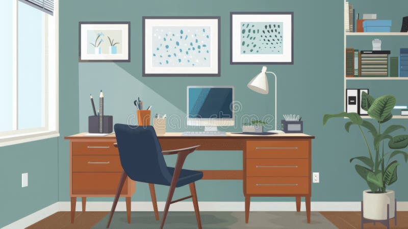 Modern Home Office with Desk, Chair, and Computer Stock Photo - Image ...