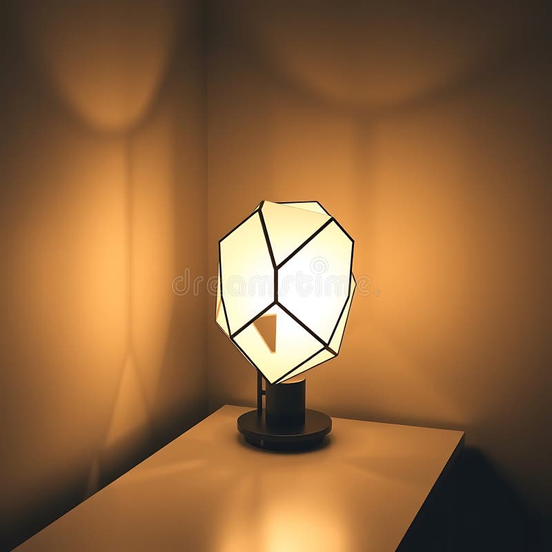 A Contemporary Table Lamp with Geometric Design Illuminated in a Dark ...