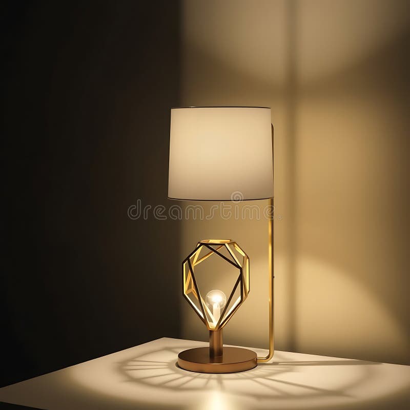 A Contemporary Table Lamp with Geometric Design Illuminated in a Dark ...