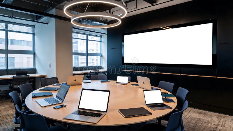 Contemporary Team Collaboration Room with Digital Display and Round ...