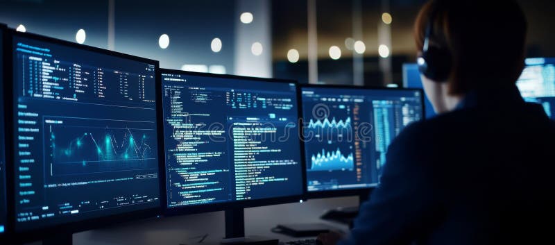 In a Contemporary Tech Workspace, a Dark Room is Lit Up by Multiple ...