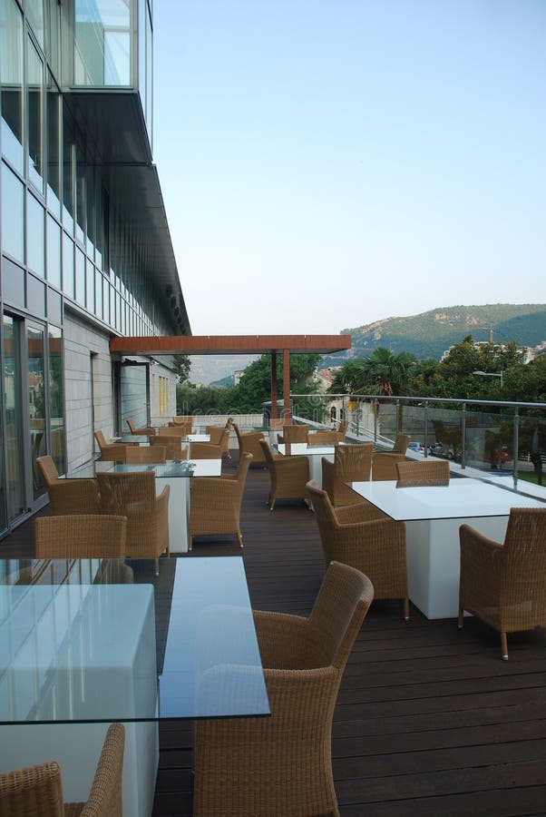 Outdoor Terrace Cafe on Sand Beach Stock Image - Image of nice, empty ...