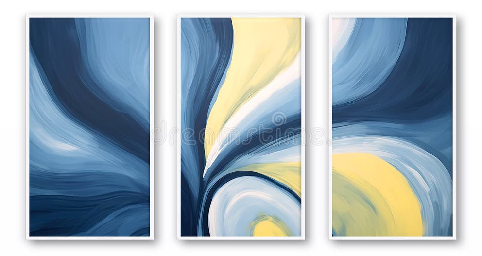 Modern Abstract Triptych with Blue and Yellow Flowing Patterns Stock ...