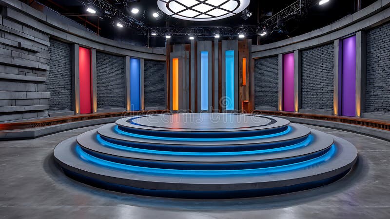 Modern Television Studio Set with Tiered Circular Stage and Colorful ...