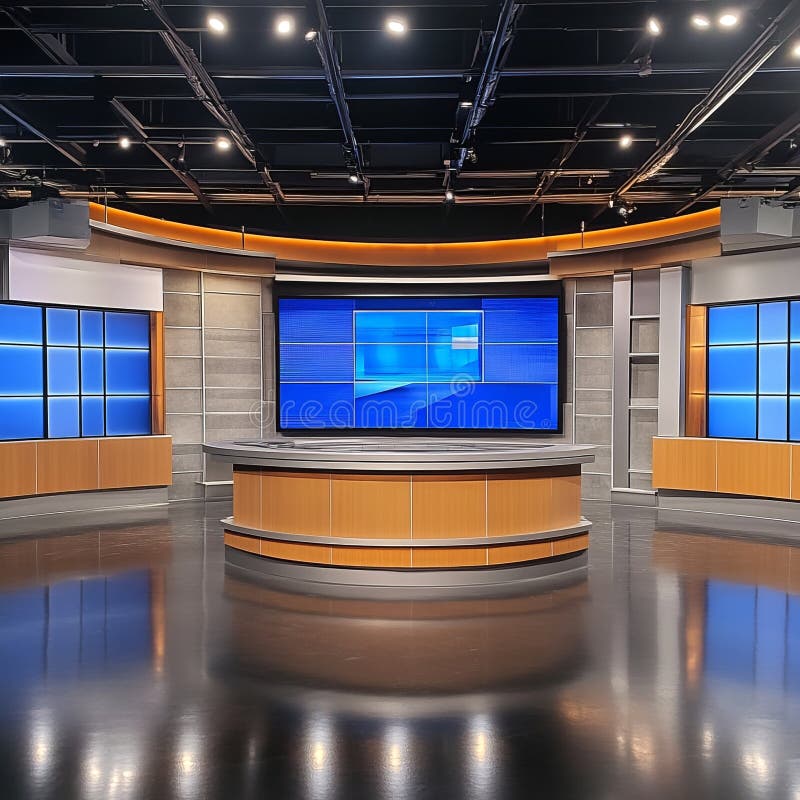 Contemporary Tv Studio Featuring Curved Desk and Large Screen ...