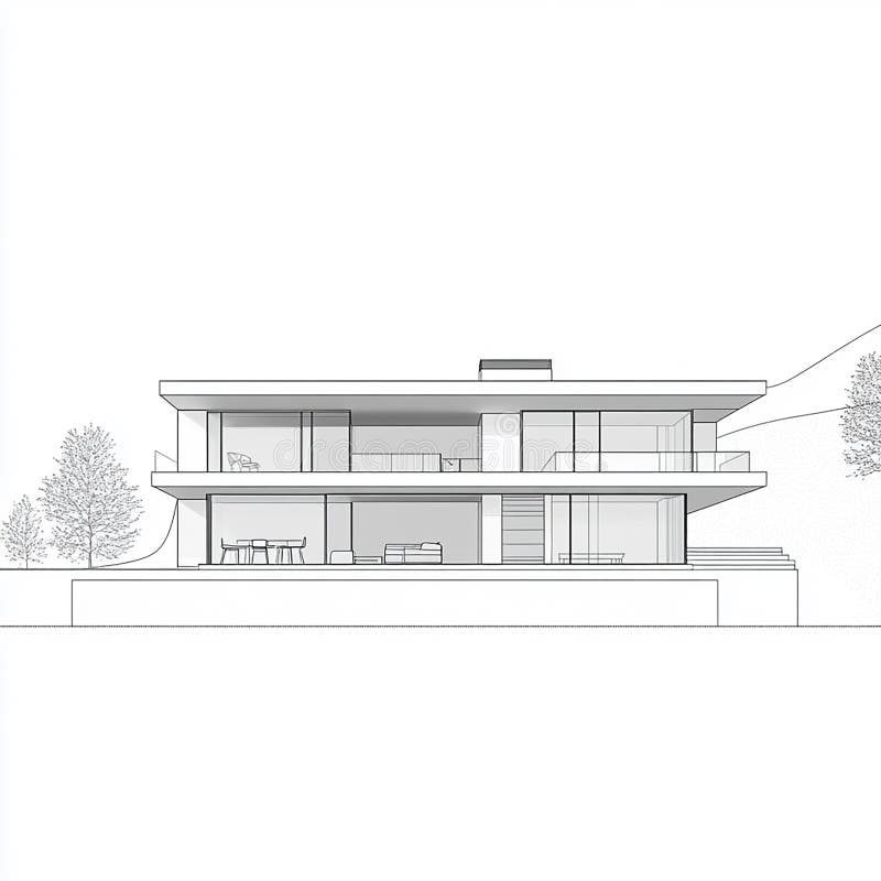 Contemporary Villa Line Drawing with Open Plan and Minimalist Design ...