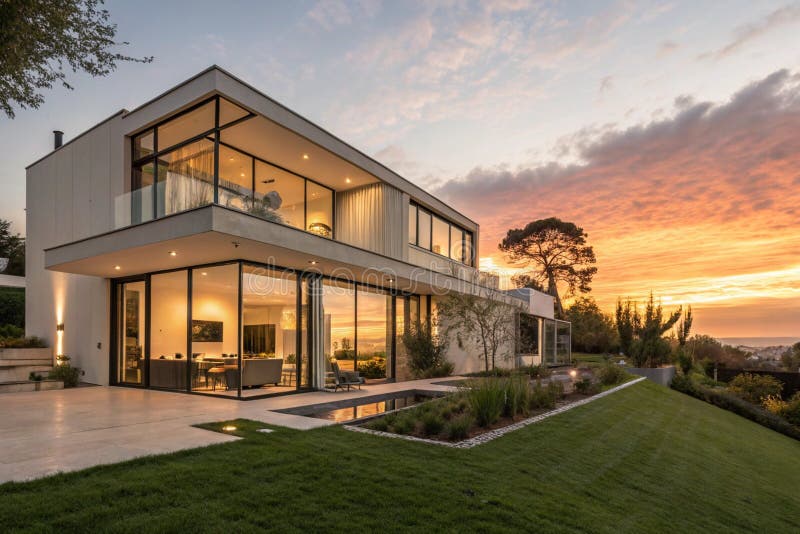 Contemporary Villa with a Sunset View Stock Illustration - Illustration ...