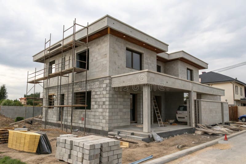 Contemporary Villa Under Construction with Concrete Blocks Stock ...