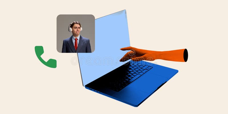 Contemporary Visual Collage. Laptop Screen Displaying Professional in ...
