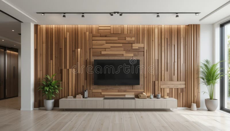 Contemporary Wall Design Using Stacked Vertical Wood Panels. Stock ...