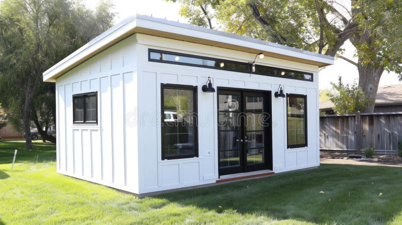 A Contemporary White Backyard Shed with a Flat Roof, Large Doors, and ...
