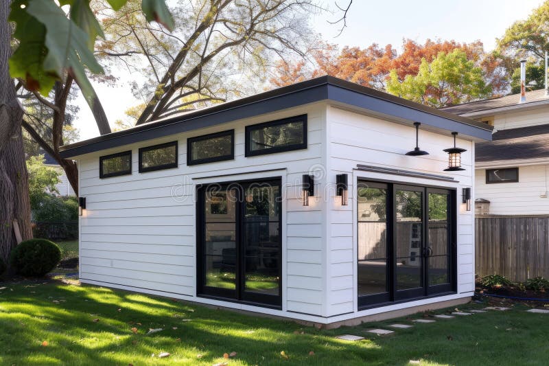 A Contemporary White Backyard Shed with a Flat Roof, Large Doors, and ...