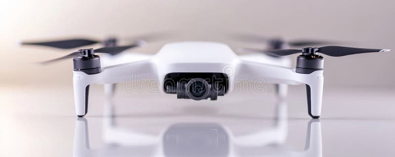 Modern White Drone with Camera is Standing on a Reflective Surface ...