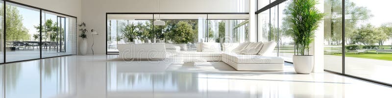 Contemporary White Interior with Expansive Windows, Sleek Lines, and a ...