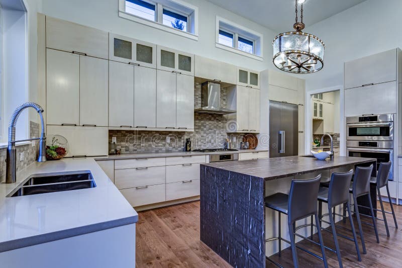 Contemporary White Kitchen with High-end Kitchen Appliances Stock Photo ...