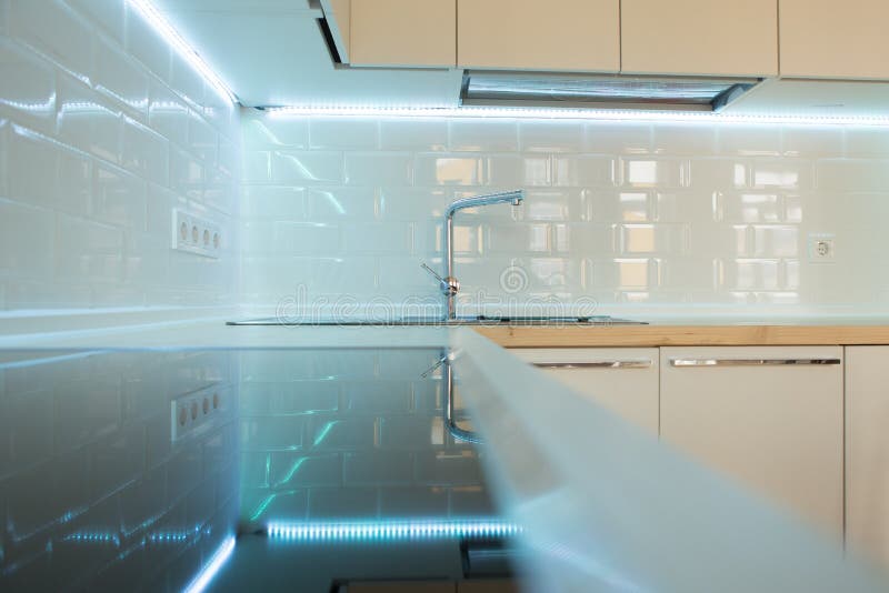 Contemporary White Kitchen Interior. Close Up Stock Photo - Image of ...