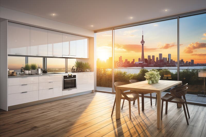 Contemporary White Kitchen with Spacious Layout and Panoramic Sunrise ...