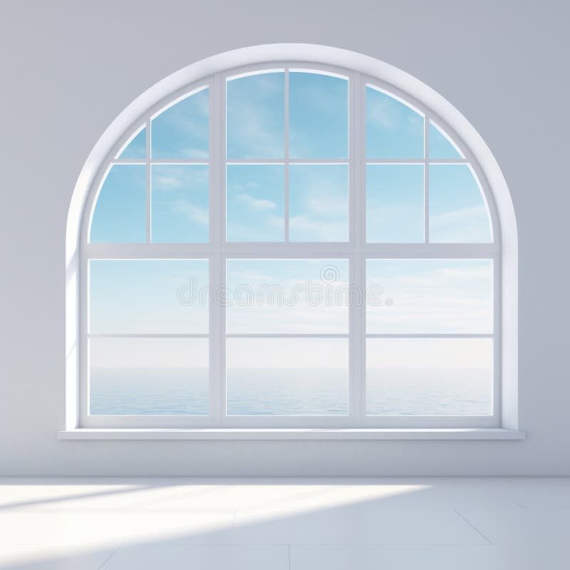 Contemporary White Room with Arched Windows in Oceanic Setting Stock ...