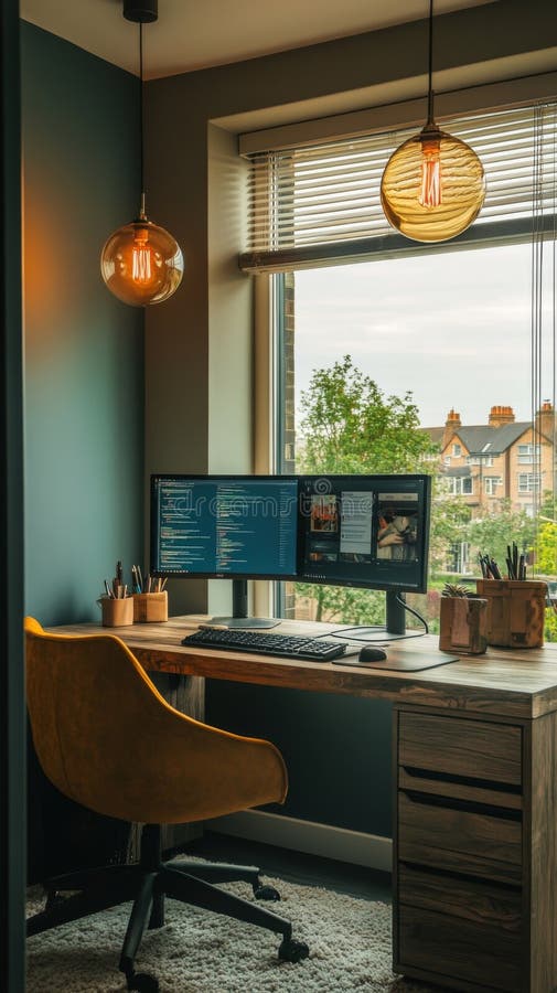 Modern Home Office Space Featuring a Stylish Desk and Dual Monitors ...