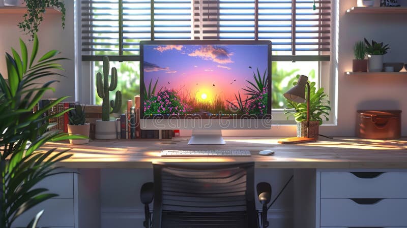 Contemporary Work Setup Featuring a Desk, Computer, and Comfy Chair ...