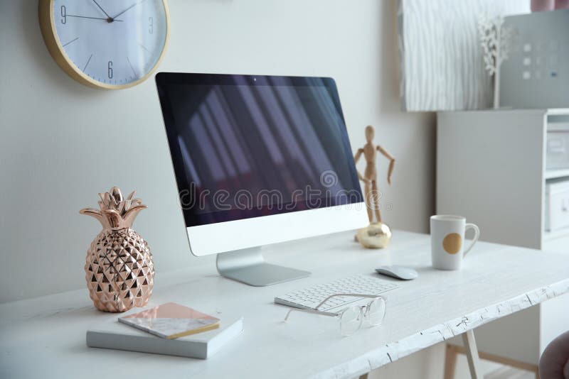 Contemporary Workplace with Computer on Table Near White Wall Stock ...