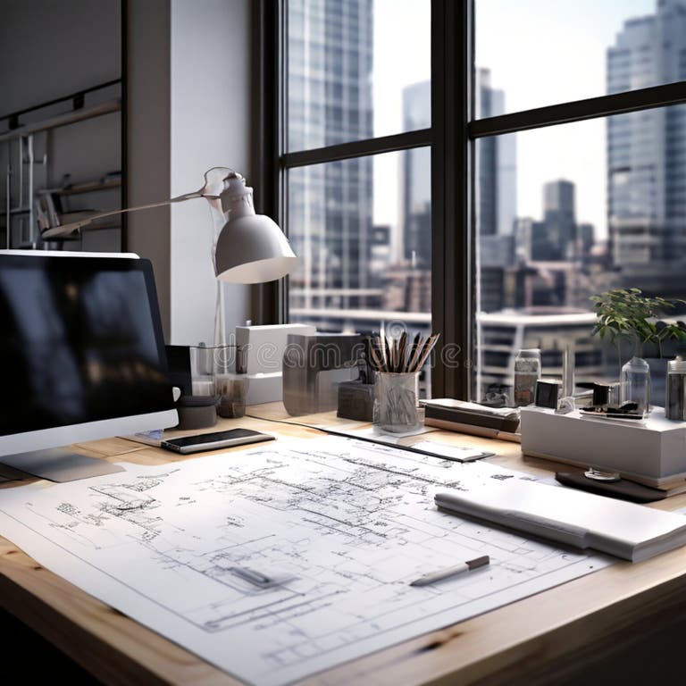 Contemporary Workspace Featuring Drafting Tools and Blueprints Stock ...