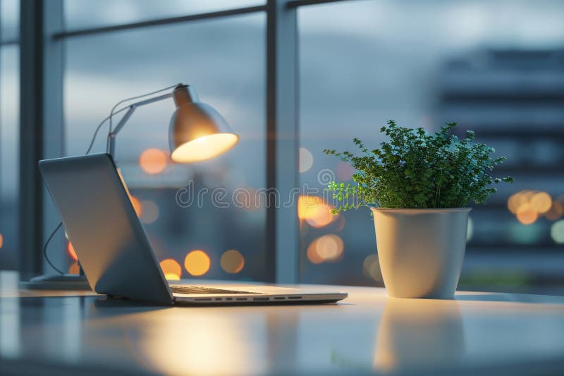 Contemporary Workspace Featuring Laptop, Desk Light, and Indoor Plant ...