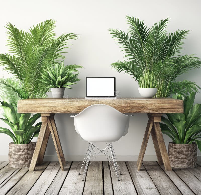 A Contemporary Workspace for the Home Office Features a Laptop, Plants ...